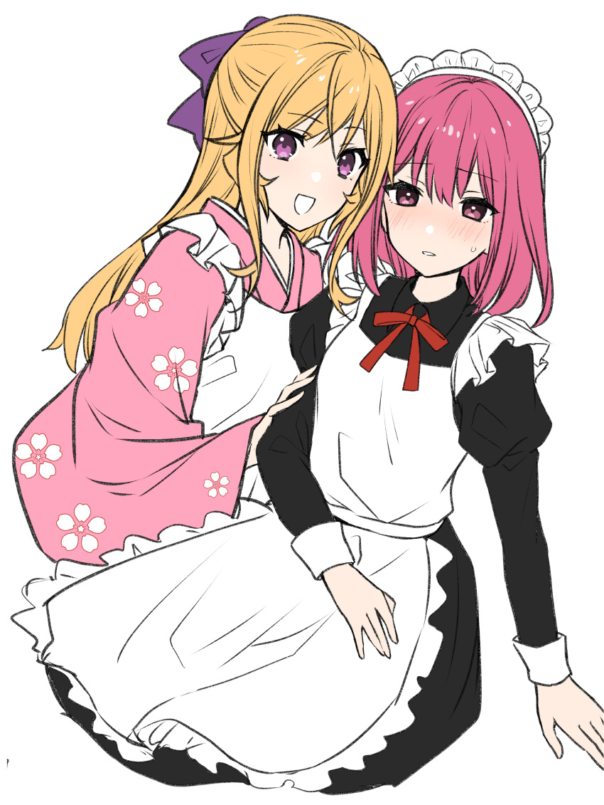 Safebooru - 2girls :d absurdres alternate costume apron arato hisako black dress blonde hair ...