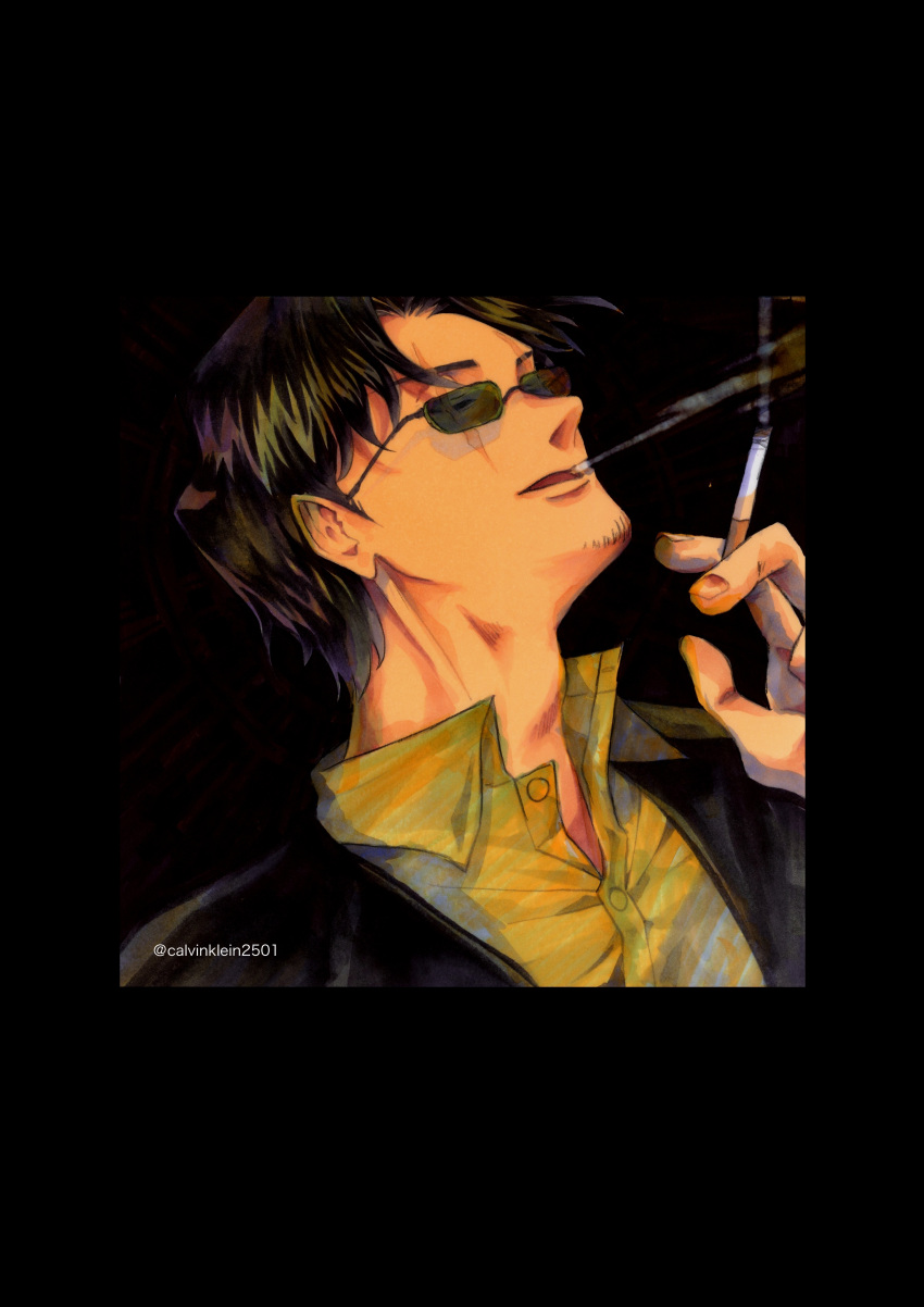 Safebooru - 1boy absurdres beard stubble black hair blind calvinklein2501 cigarette collared ...