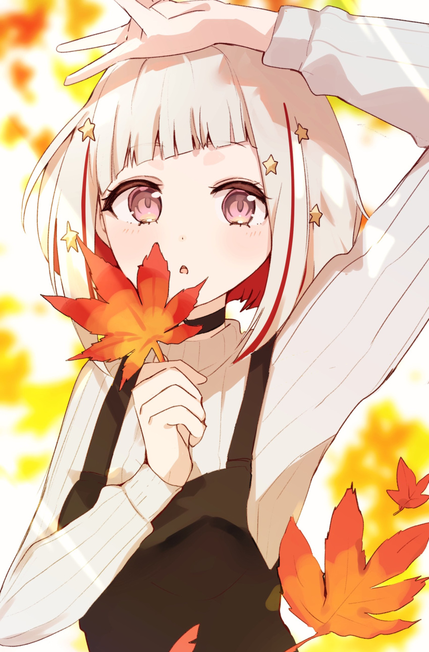 Safebooru - 1girl absurdres arm up autumn leaves black choker blurry blurry background bob cut ...