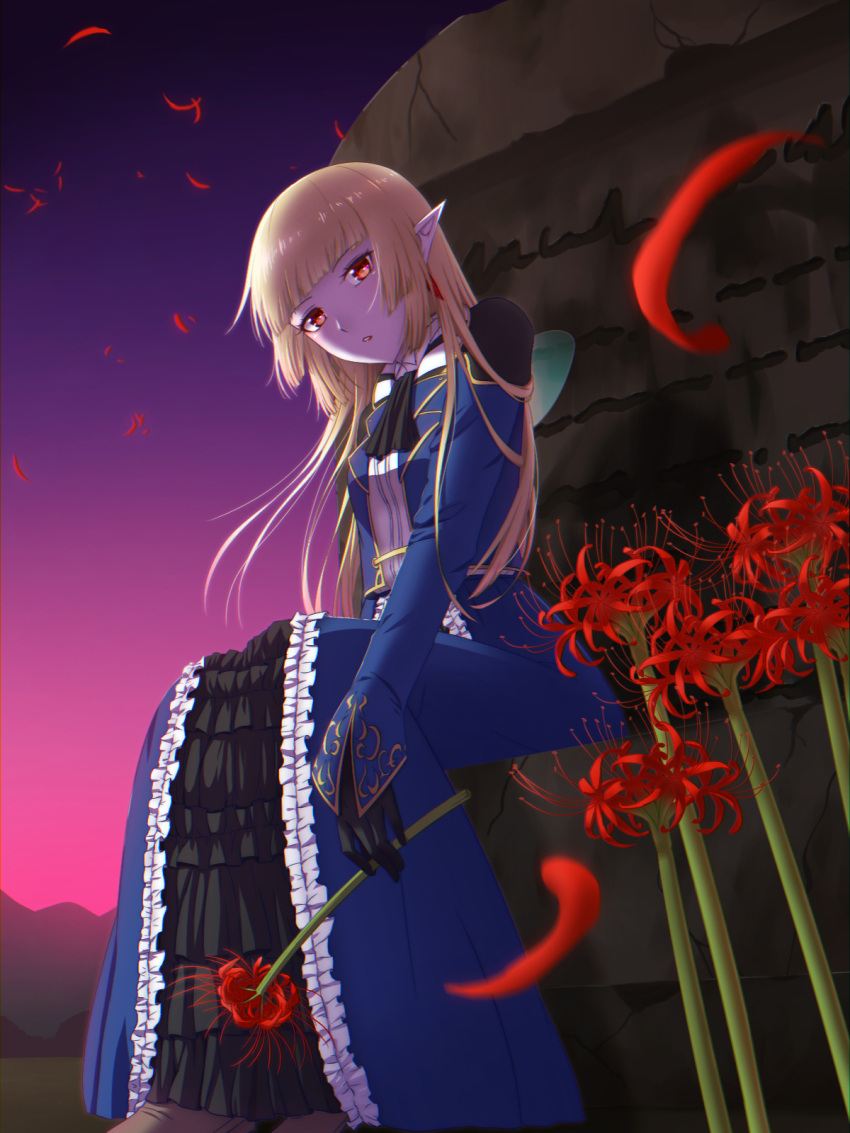 Safebooru - 1girl arice487 ascot black ascot black gloves blonde hair blue dress blunt bangs ...