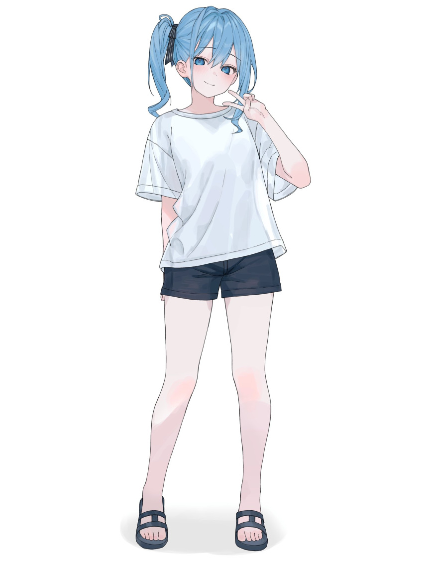 Safebooru 1girl Arm Up Black Footwear Black Shorts Blue Eyes Blue 9249