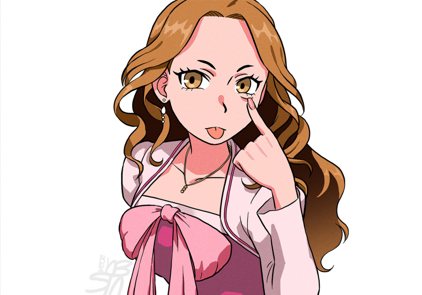 Safebooru - 1girl akanbe artist name bow brown eyes brown hair earrings ebihara ai eyelid pull ...