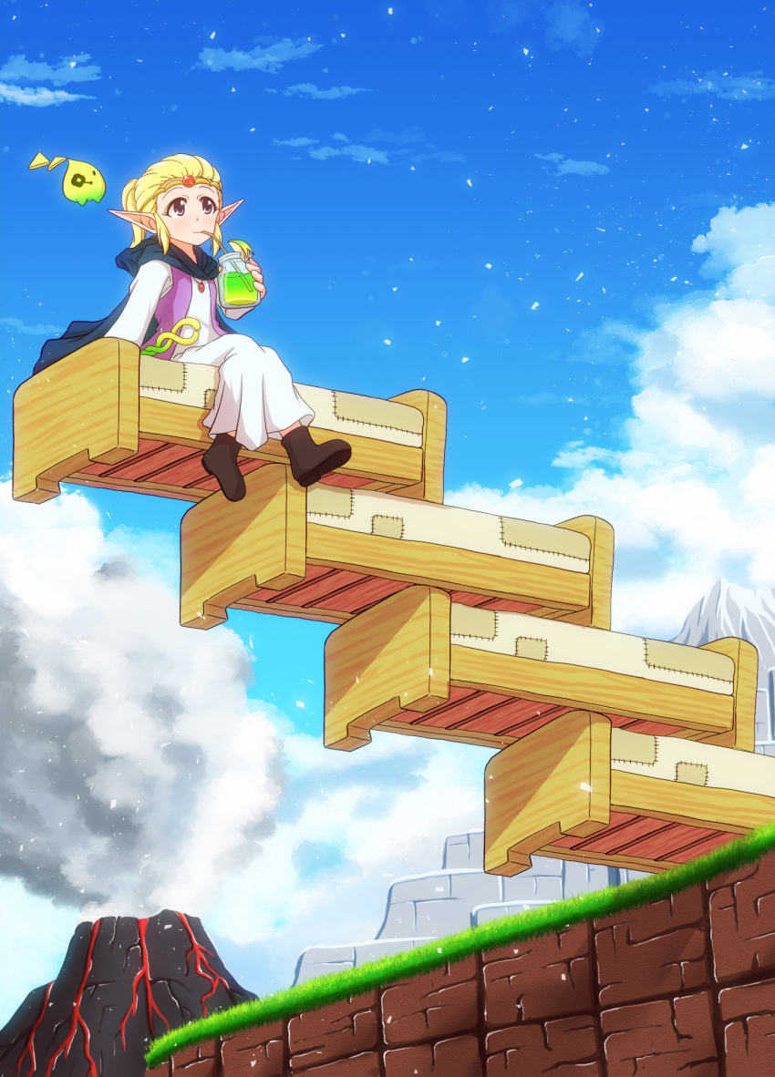 Safebooru - 1girl 1other bed blue sky boots circlet cloak clouds dress ...