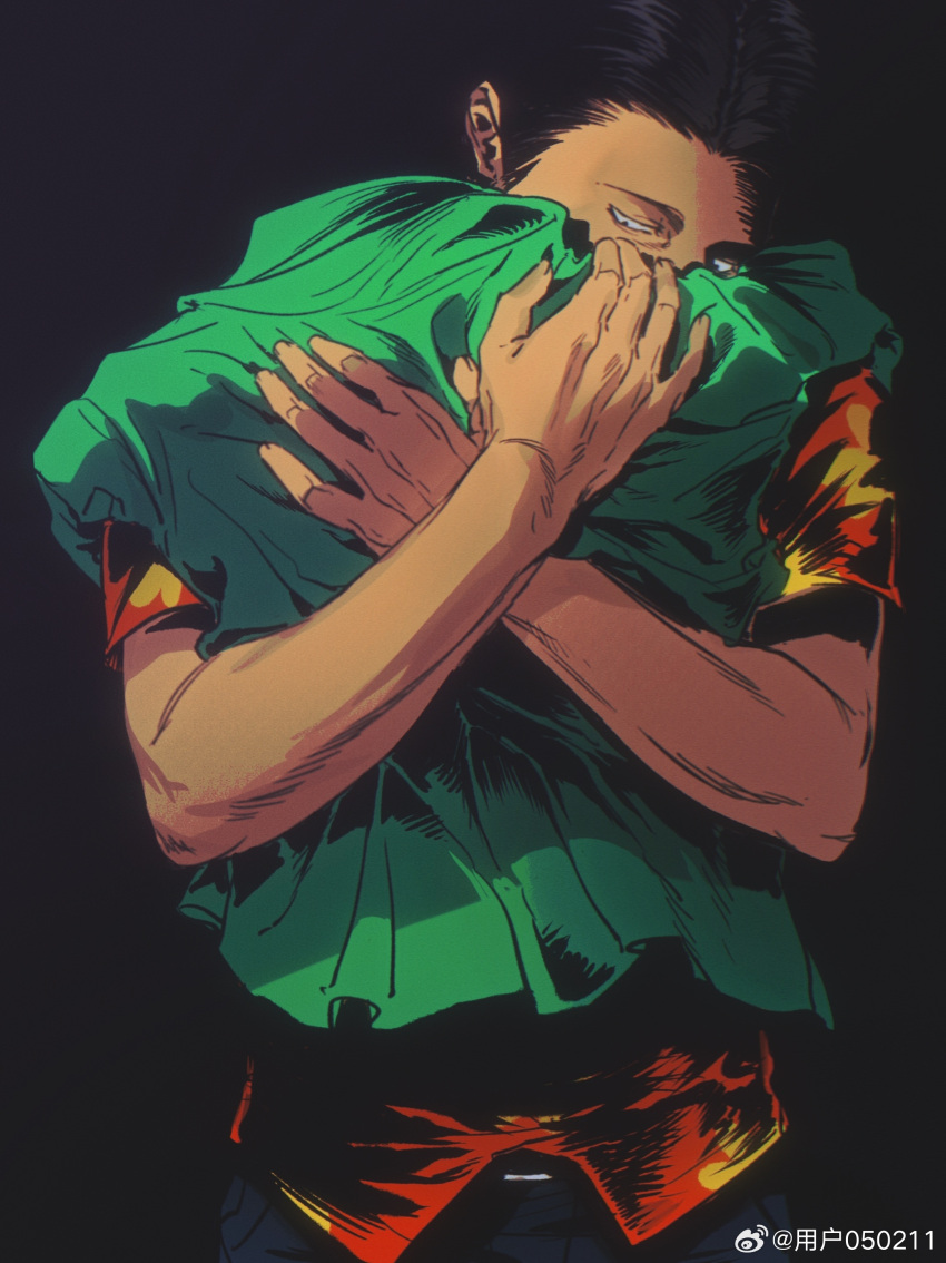 Safebooru - 1boy absurdres animification black background black hair ...