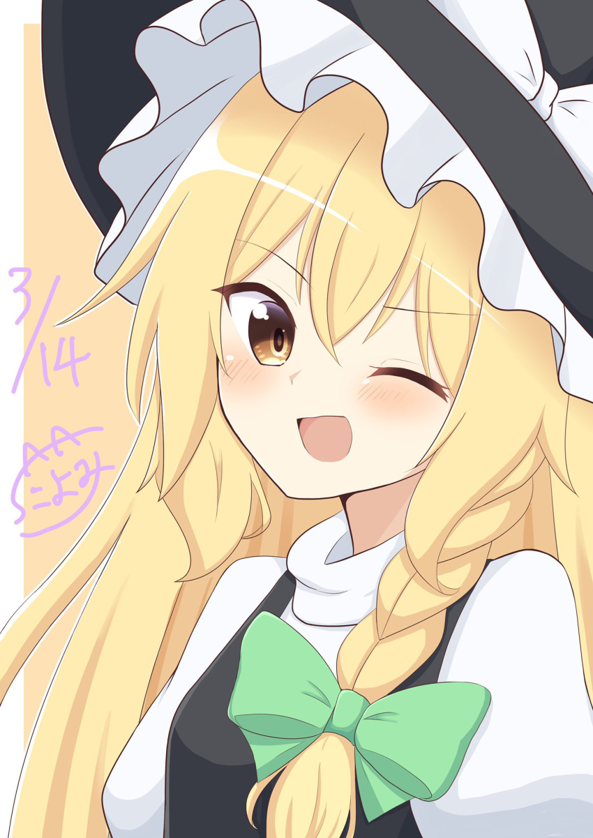 Safebooru - 1girl ;d black hat black vest blonde hair blush bow braid commentary dated green bow ...