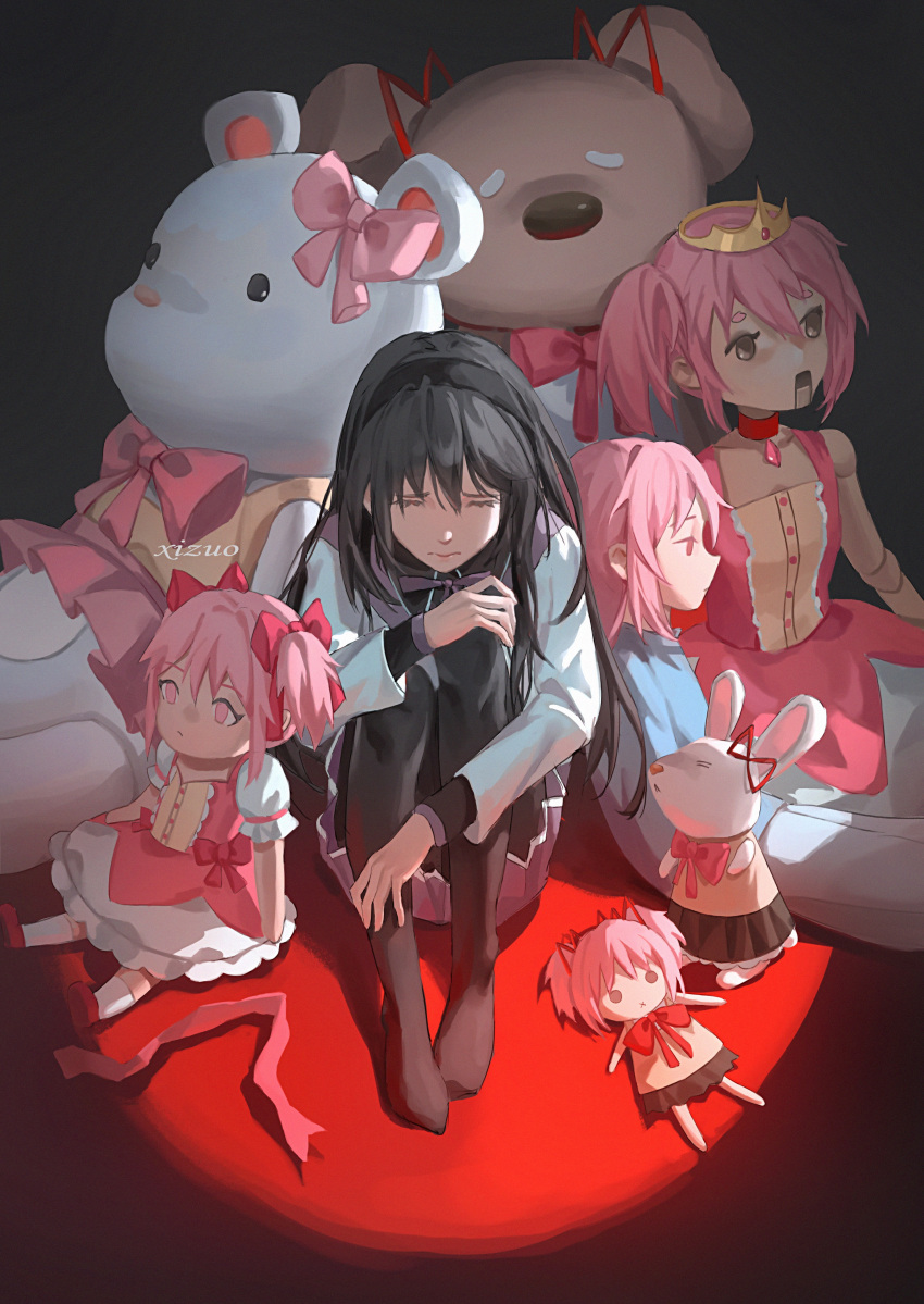 Safebooru - 2girls absurdres akemi homura alternate costume back-to-back black background black ...