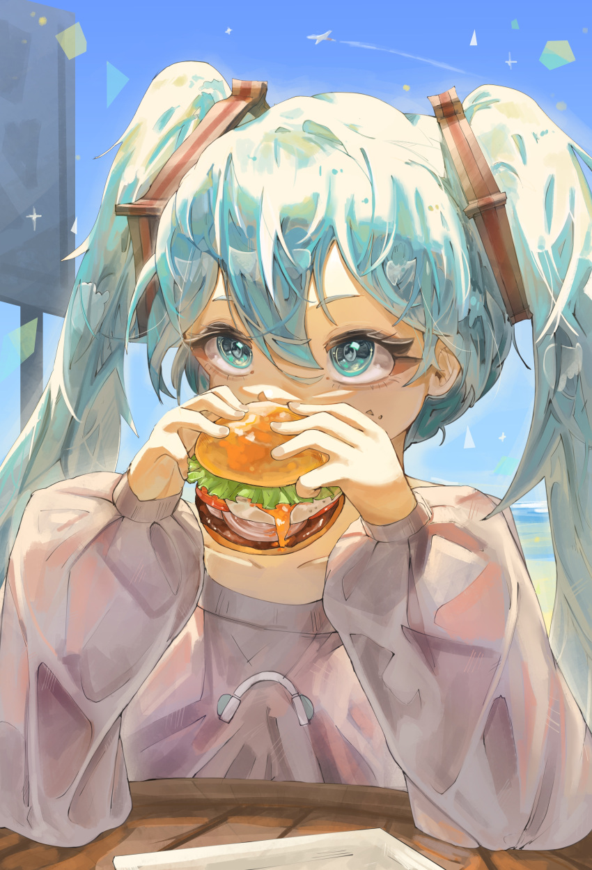 Safebooru - 1girl absurdres aqua eyes aqua hair blue sky burger ...