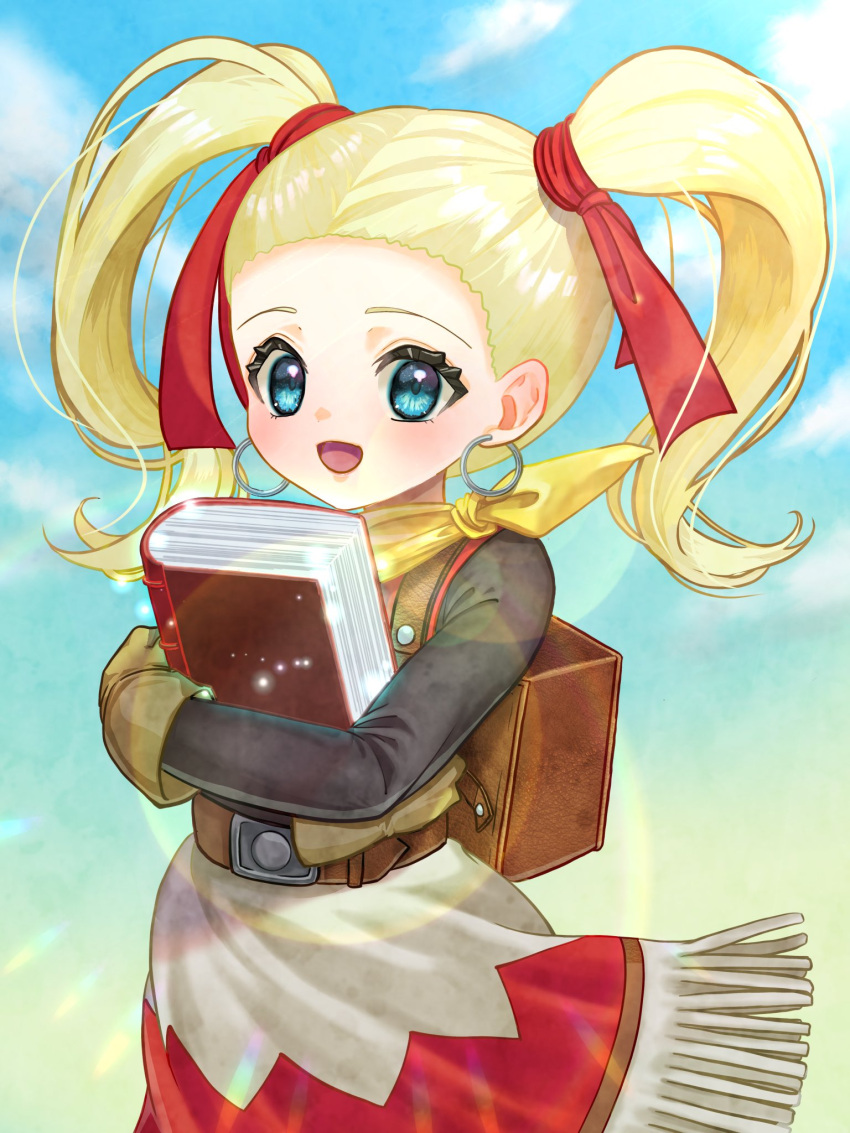 Safebooru - 1girl :d backpack bag belt black sleeves blonde hair blue ...