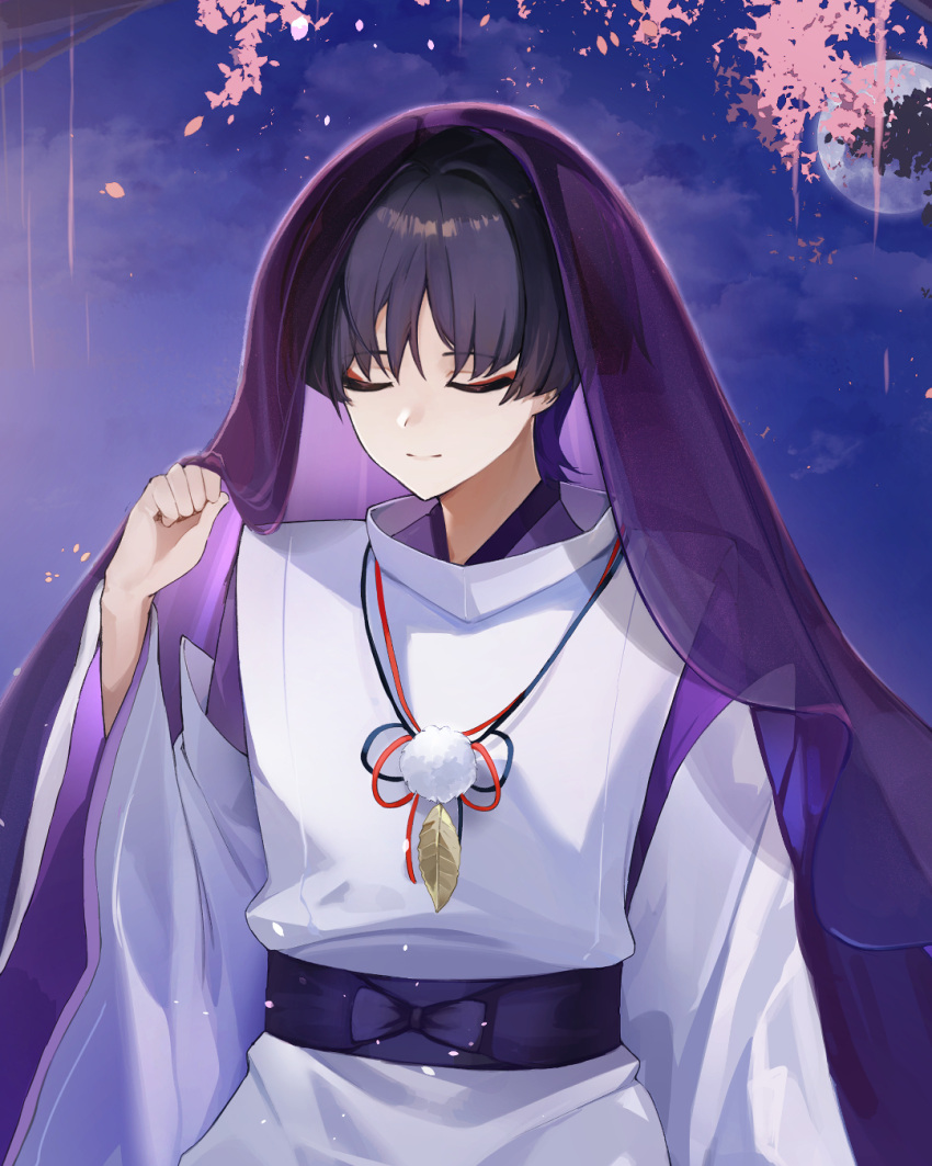 Safebooru - 1boy cape cherry blossoms closed eyes closed mouth full ...