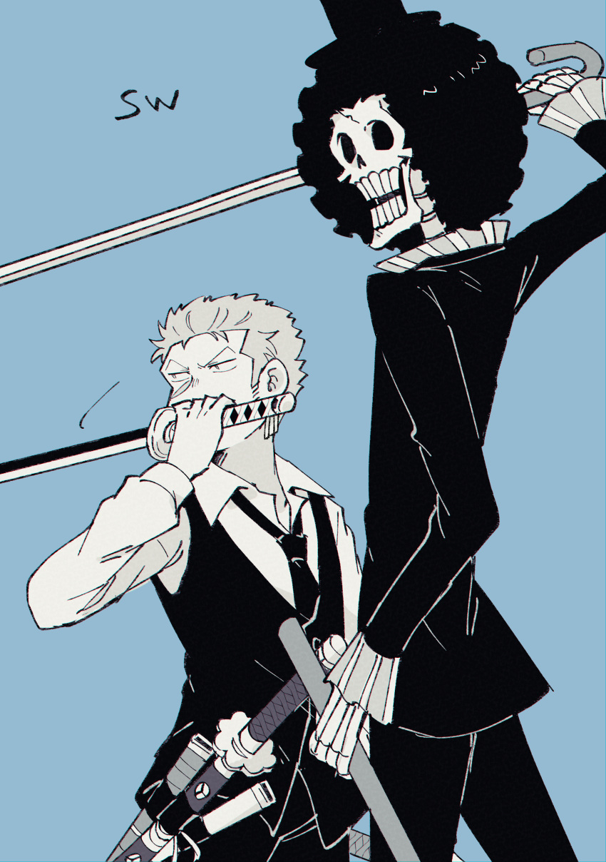 Safebooru - 2boys absurdres afro blue background brook (one piece ...