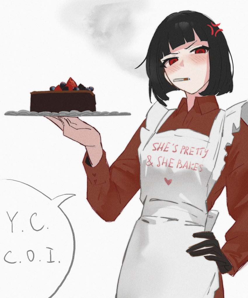 Safebooru - 1girl anger vein black gloves black hair blush bob cut cake collared shirt ...