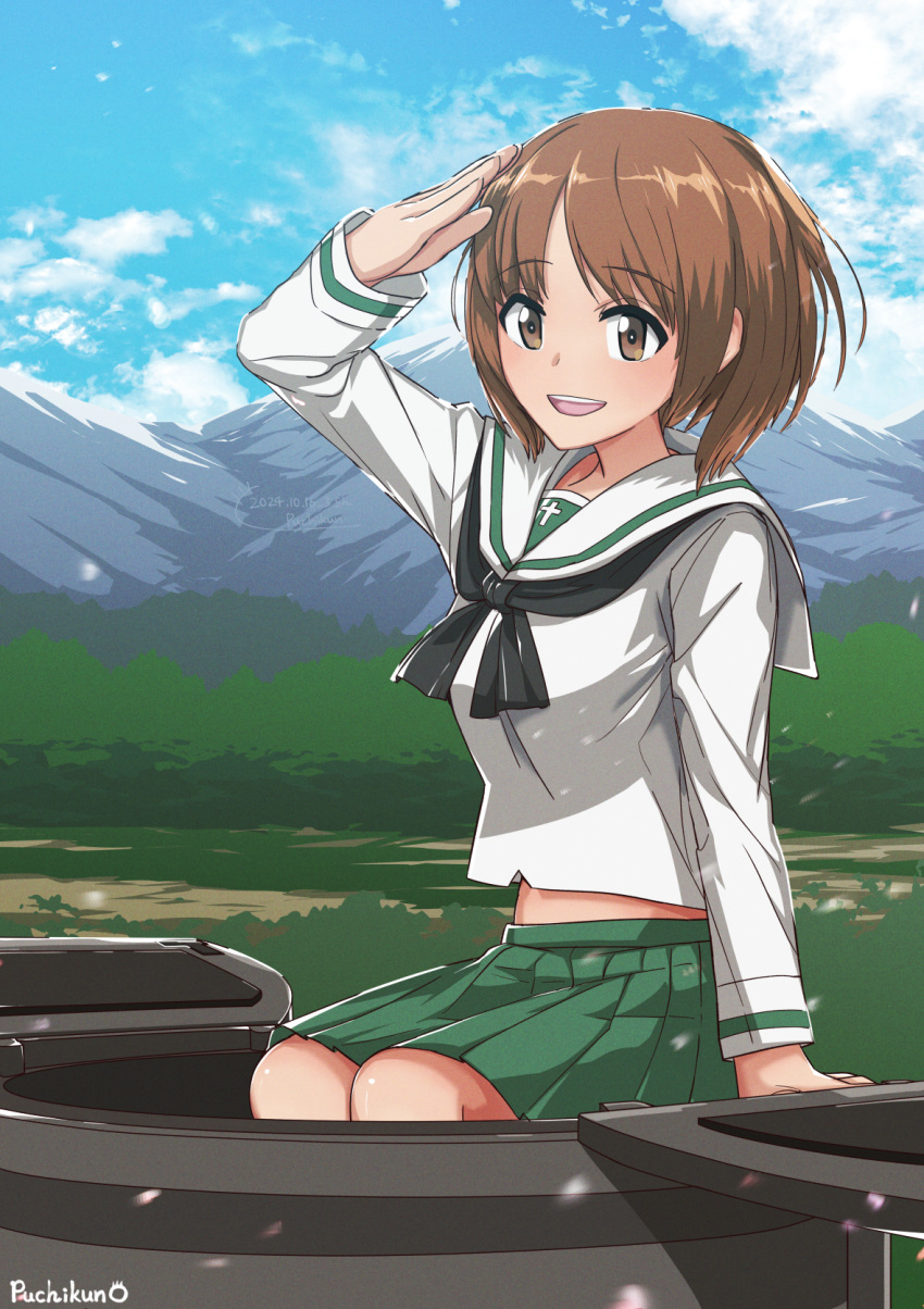 Safebooru - 1girl artist name black neckerchief blouse blue sky brown eyes brown hair clouds ...