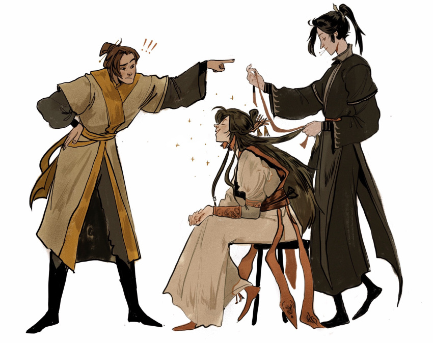 Safebooru - ! 3boys asymmetrical bangs belt black eyes black footwear ...