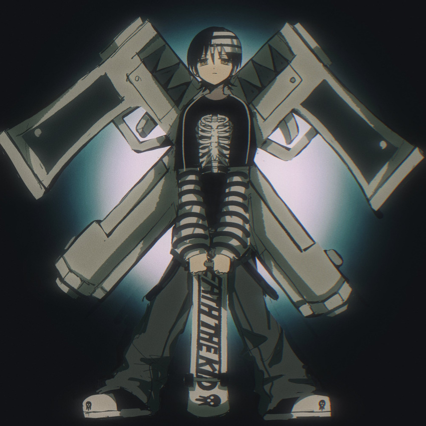 Safebooru - 1boy baggy pants black hair black shirt closed mouth death the kid gun handgun ...