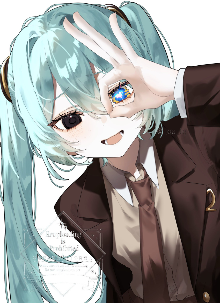 Safebooru - 1girl :d aqua hair black eyes blazer blue eyes bright ...
