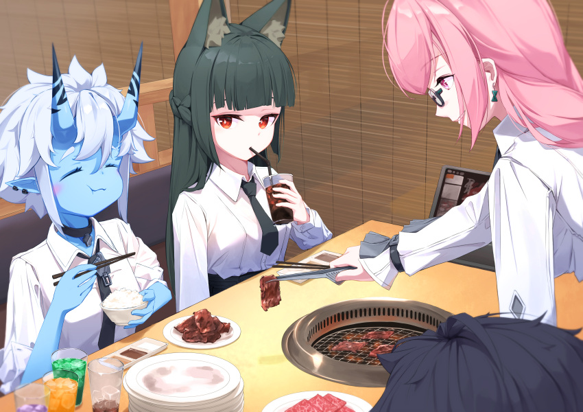 Safebooru - 1boy 3girls absurdres animal ear fluff animal ears asaba harumasa black hair black ...