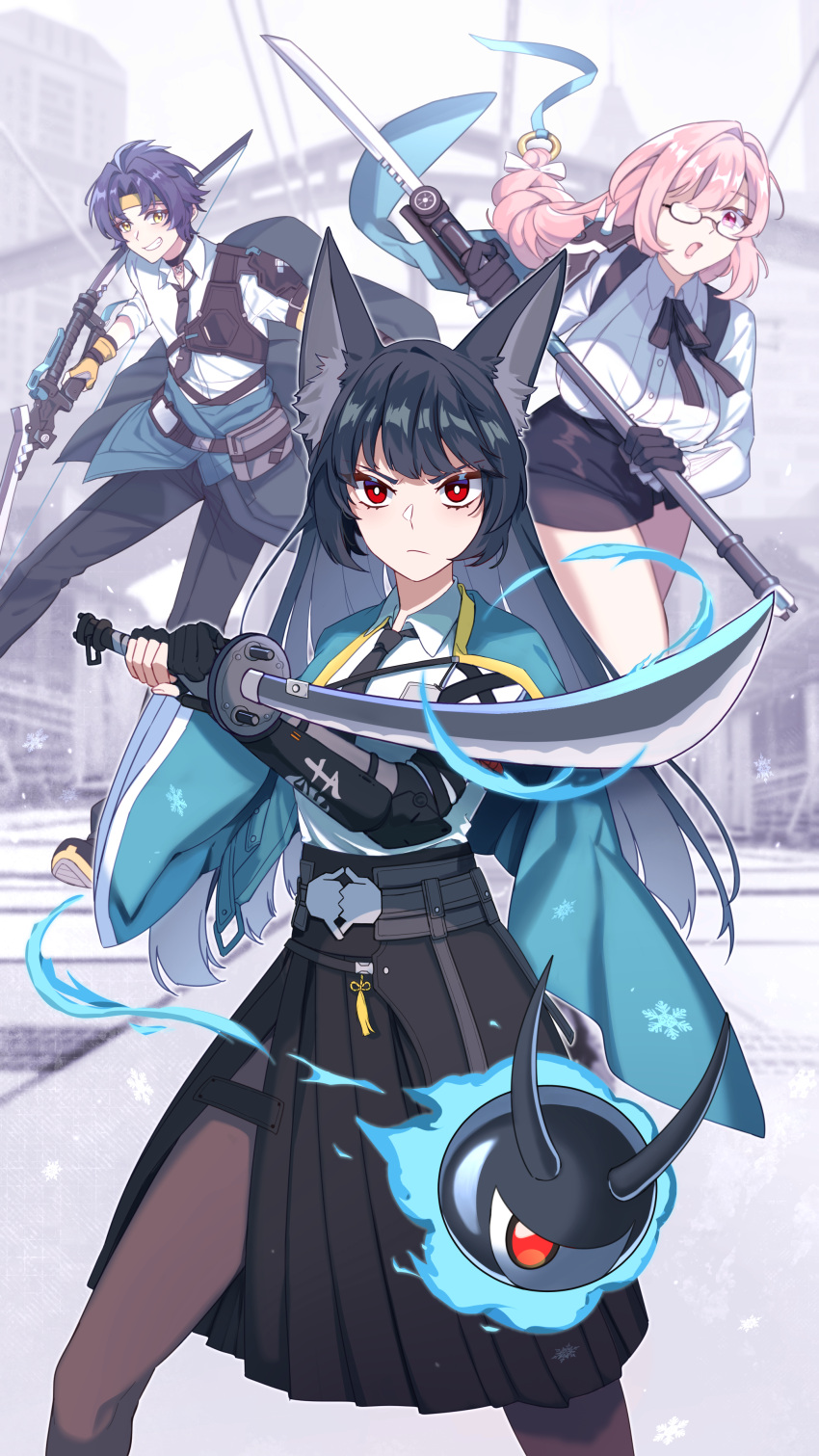 Safebooru - 1boy 2girls absurdres asaba harumasa black gloves black hair black necktie black ...