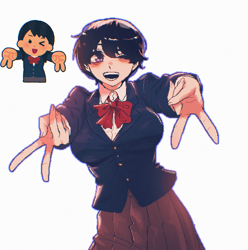 Safebooru - 1girl :d black hair blazer blue jacket blush bow bowtie breasts commentary dress ...