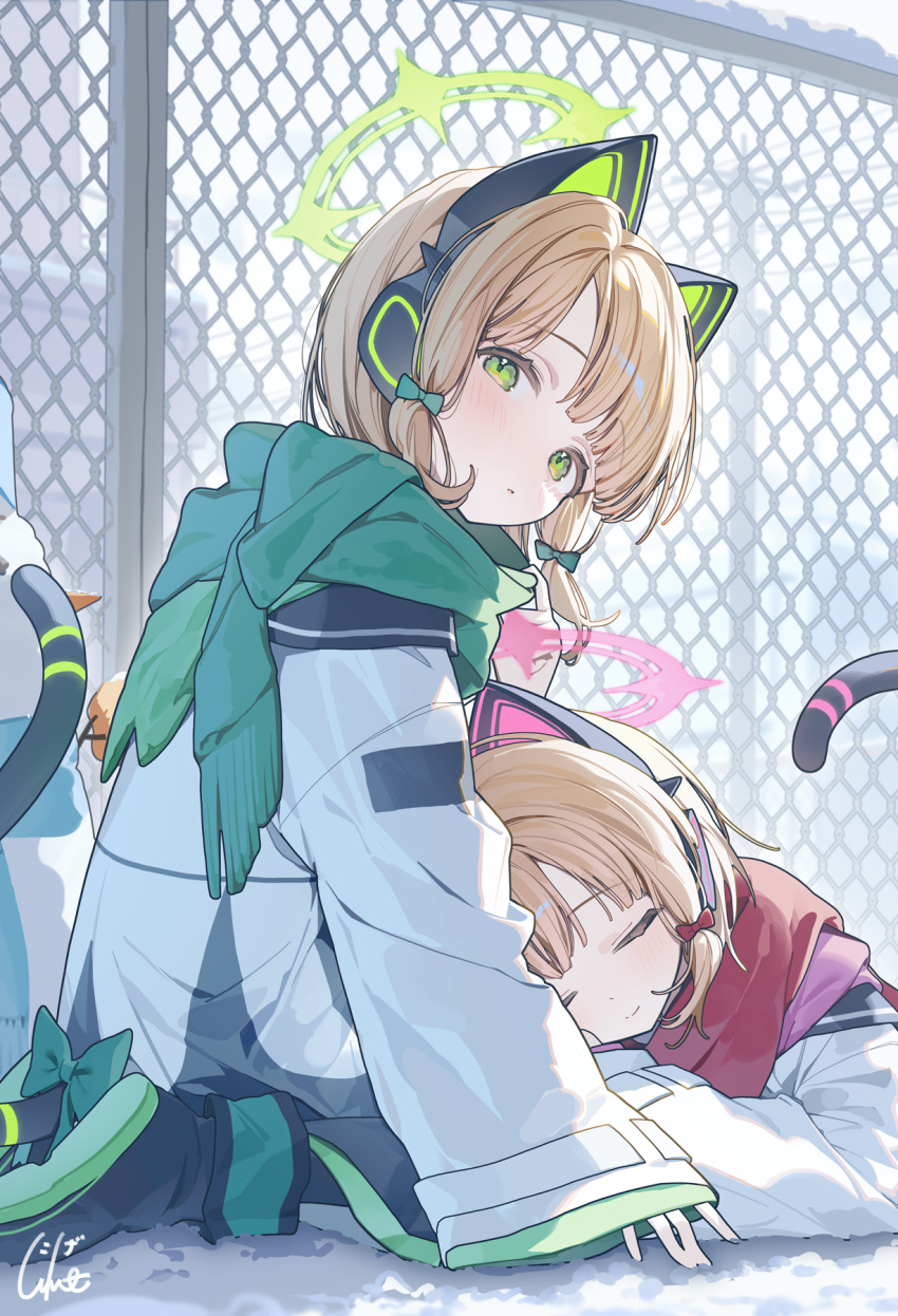 Safebooru - 2girls animal ear headphones animal ears black footwear blonde hair blue archive bow ...