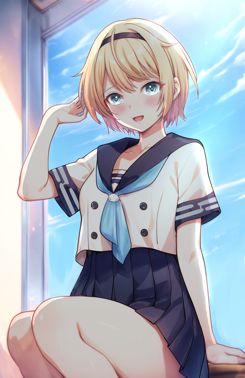 Safebooru - 1girl absurdres arm up blonde hair blue neckerchief blue sailor collar blue sky ...