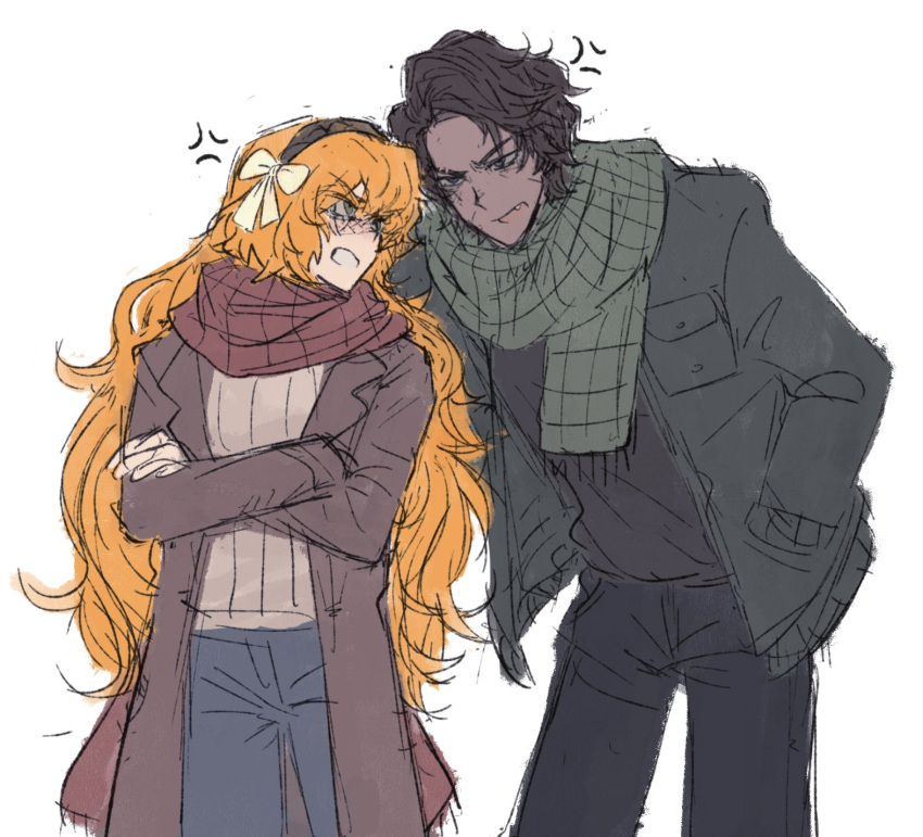 Safebooru - 1boy 1girl anger vein arguing black pants black shirt blue pants bow brown coat ...