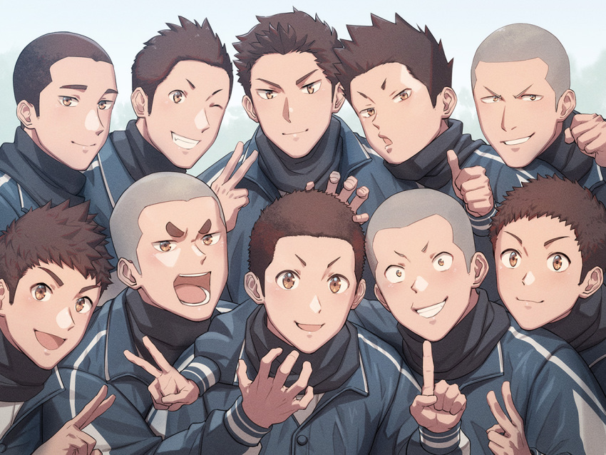 Safebooru - 6+boys black hair black scarf blue jacket brown eyes brown hair closed mouth jacket ...