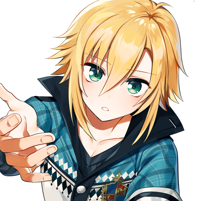 Safebooru - 1boy black shirt blonde hair blush collarbone green eyes hair between eyes hand up ...
