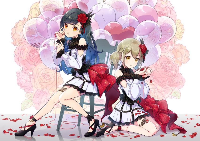 Safebooru - 2girls azusawa kohane balloon bare shoulders black footwear black hair blue hair ...