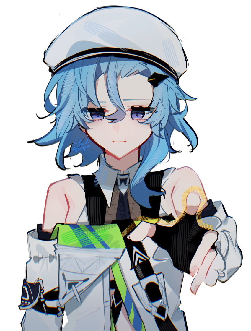 Safebooru - 1girl absurdres bare shoulders black gloves blue hair collar commentary request ...