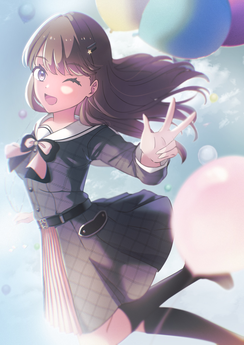 Safebooru - 1girl ;d absurdres balloon black socks blue sky blush brown hair clouds commentary ...