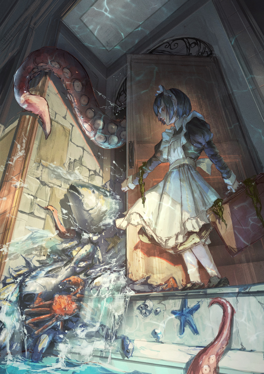 Safebooru - 1girl absurdres animal apron black dress black hair crab dress fish highres maid ...