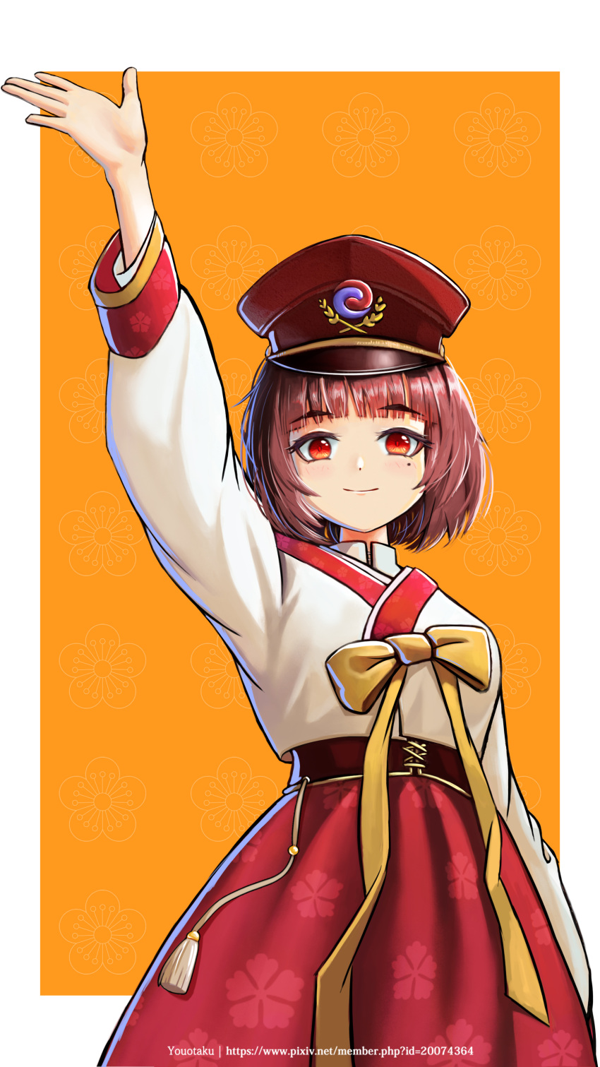 Safebooru - 1girl absurdres arm up bob cut bow brown hair chima ...