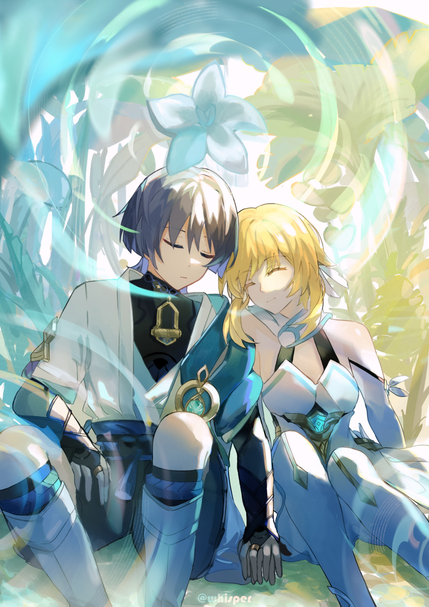 Safebooru - 1boy 1girl absurdres anemo symbol (genshin impact) blonde hair closed eyes closed ...