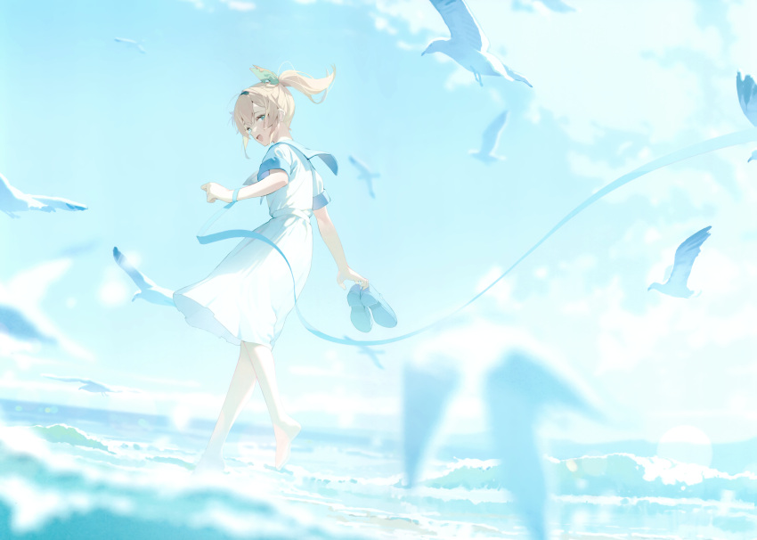 Safebooru - 1girl absurdres bare legs barefoot beach bird blonde hair blue eyes blue sailor ...