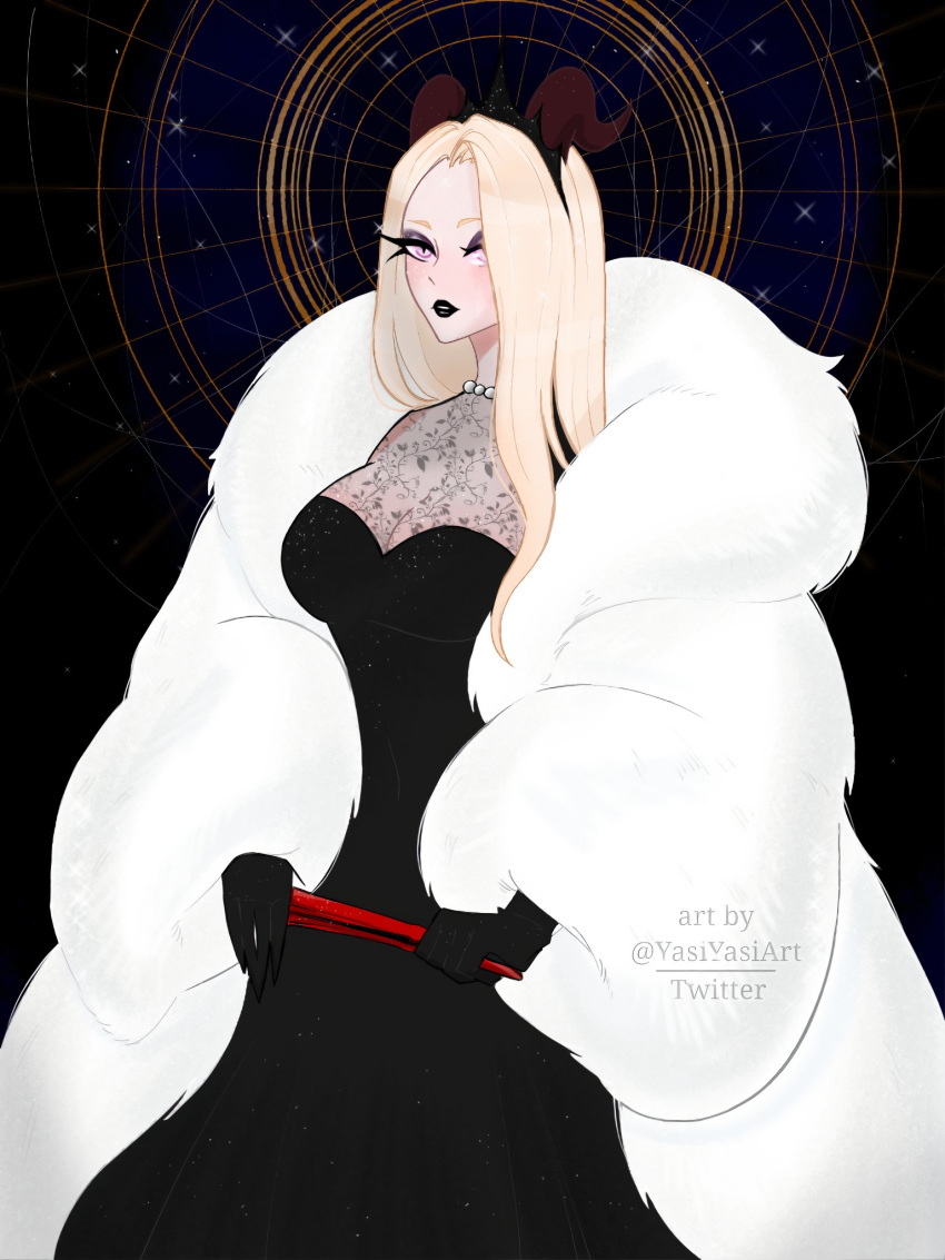 Safebooru - 1girl black dress black gloves blonde hair coat demon girl demon horns dress fur ...