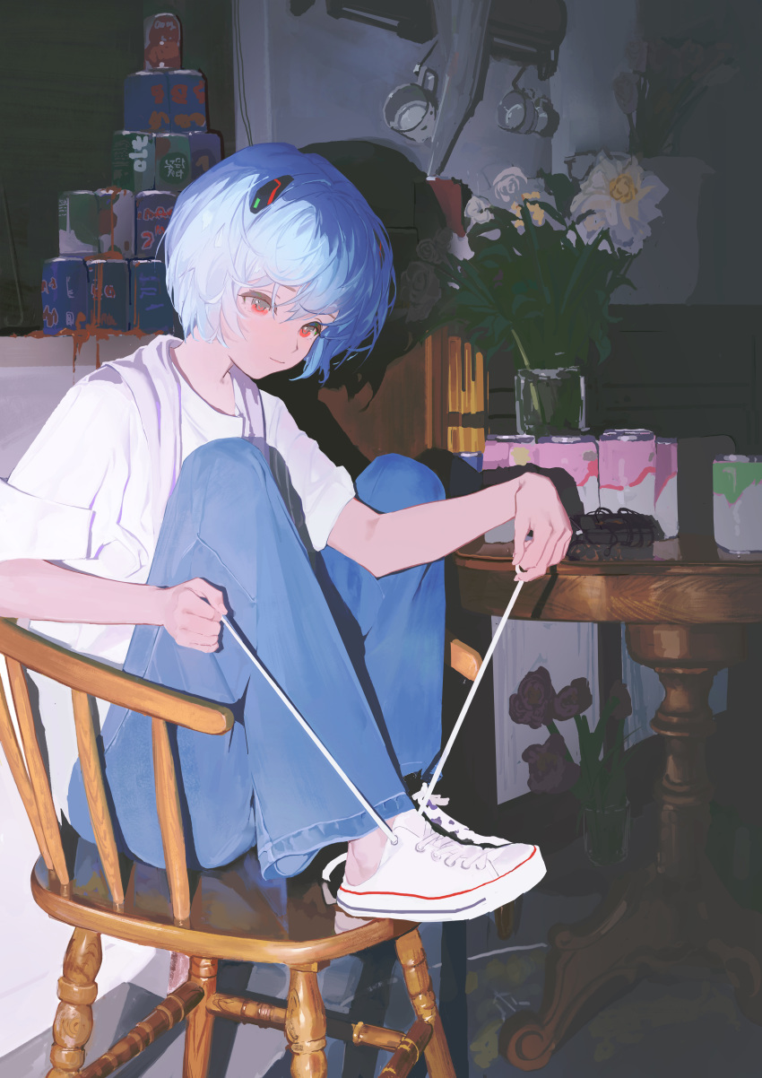 Safebooru - absurdres ayanami rei blue hair camera flash can denim feet on chair flower highres ...