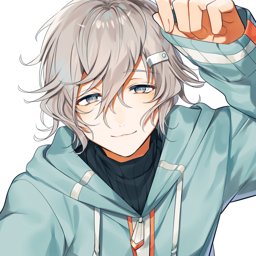 Safebooru - 1boy arm up black sweater blue jacket blush brown hair closed mouth drawstring grey ...