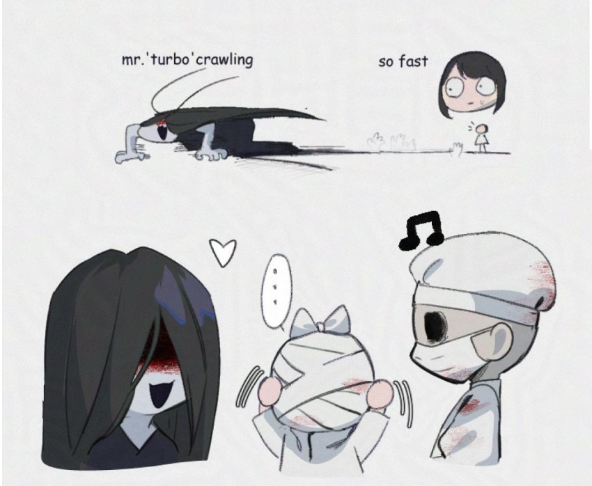 Safebooru - 1boy 2girls bandaged head bandages black hair black kimono blood blood on bandages ...