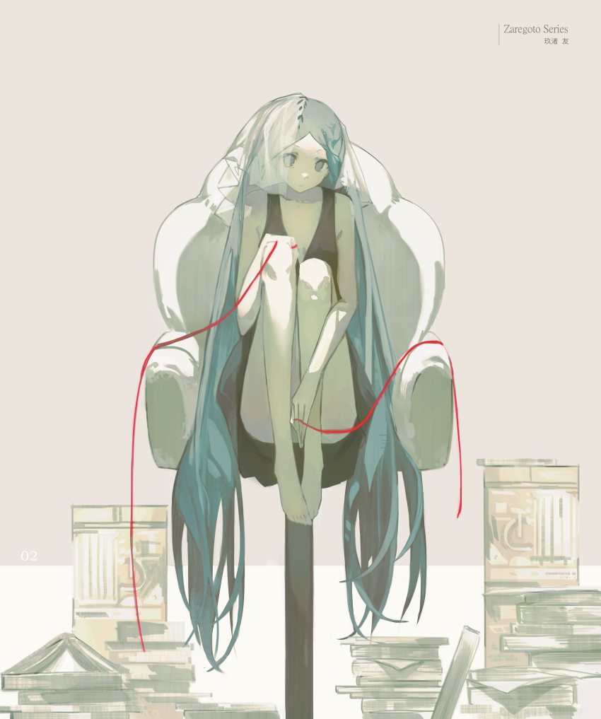 Safebooru - 1girl absurdly long hair absurdres barefoot black dress blue eyes blue hair book ...