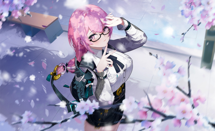 Safebooru - 1girl armor black skirt blush cherry blossoms closed mouth ...