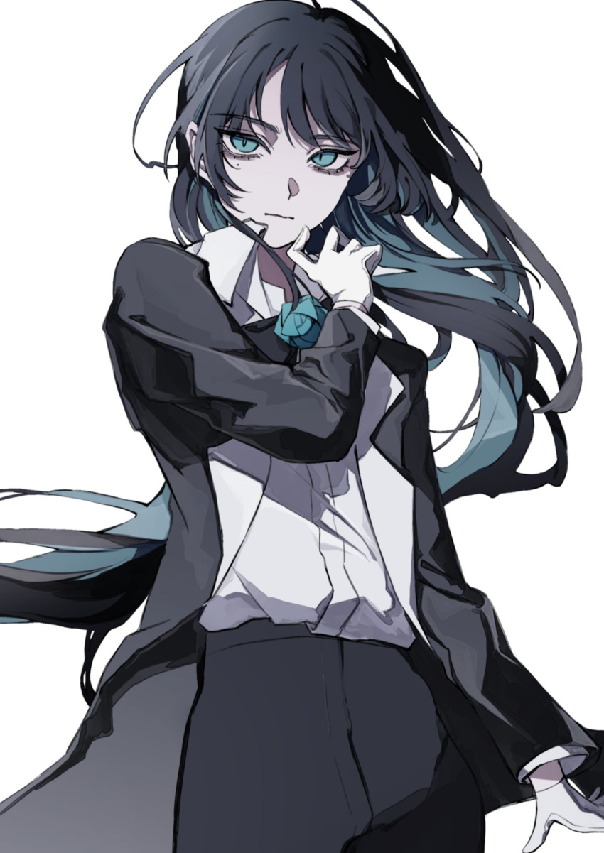Safebooru - 1girl ado (utaite) black coat black hair black pants blue eyes blue hair chando (ado ...