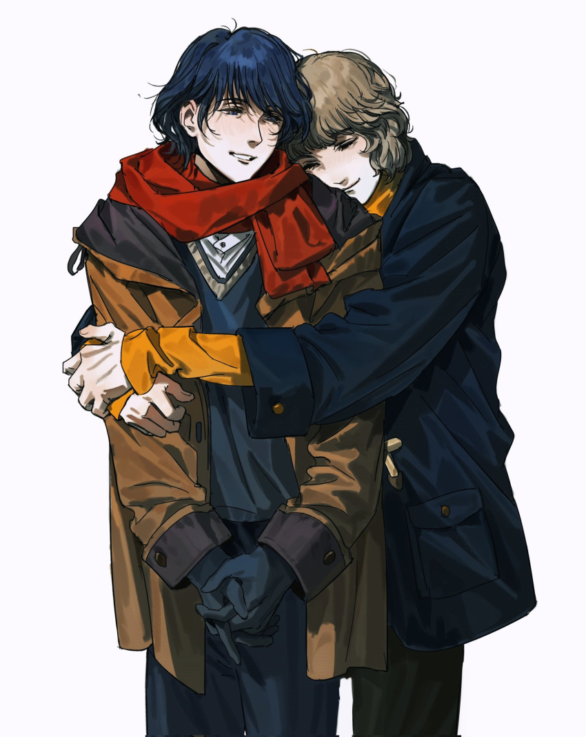 Safebooru - 2boys blue coat blue eyes blue gloves blue hair blue pants brown coat brown hair ...