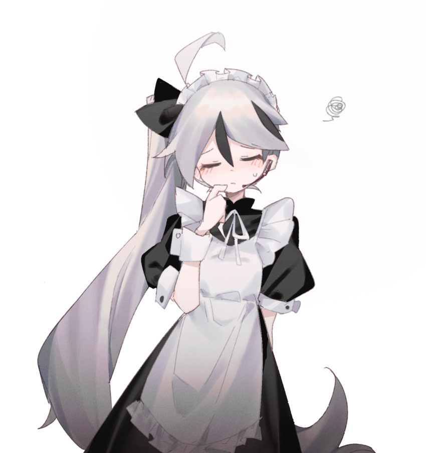 Safebooru - 1boy ahoge apron black dress black ribbon blush closed eyes closed mouth dress ...