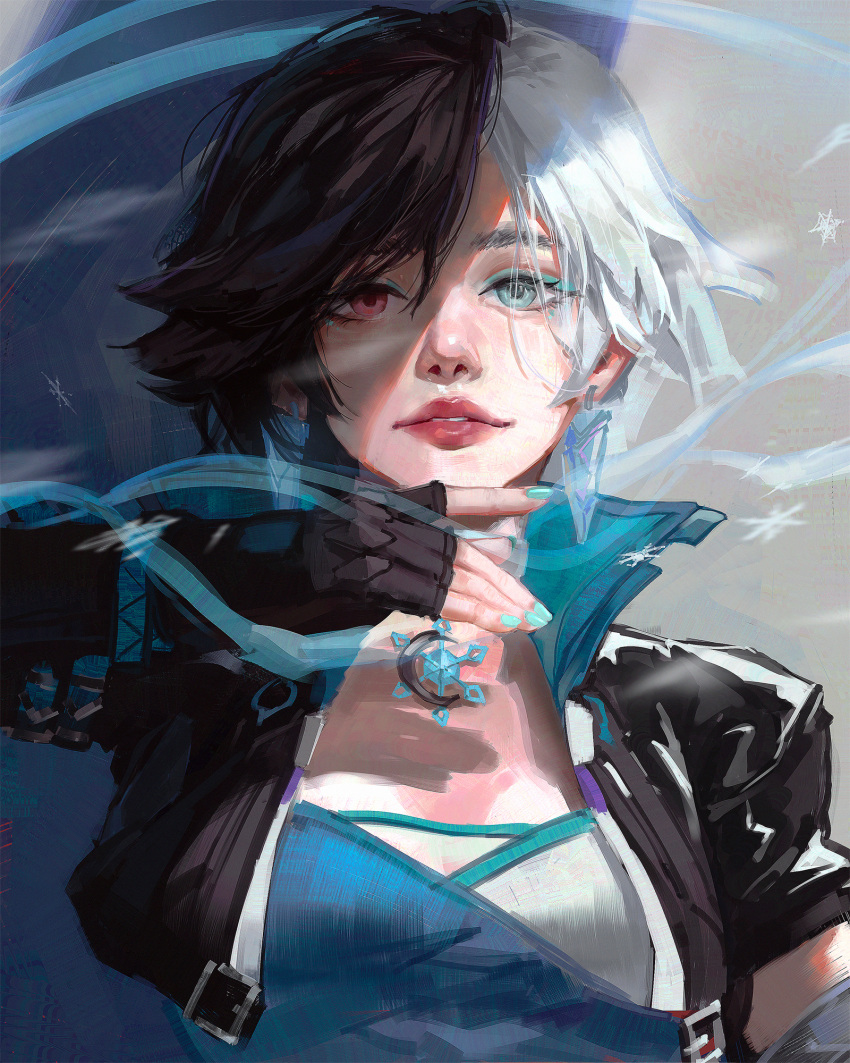 Safebooru - 1girl black hair black jacket blue eyes breasts choker crop top fingerless gloves ...