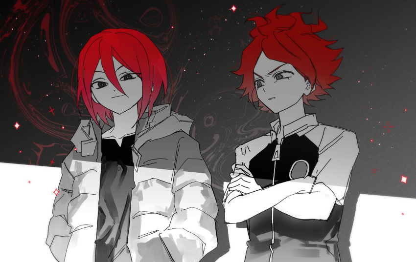 Safebooru - 2boys abstract background black eyes black shirt clone ...