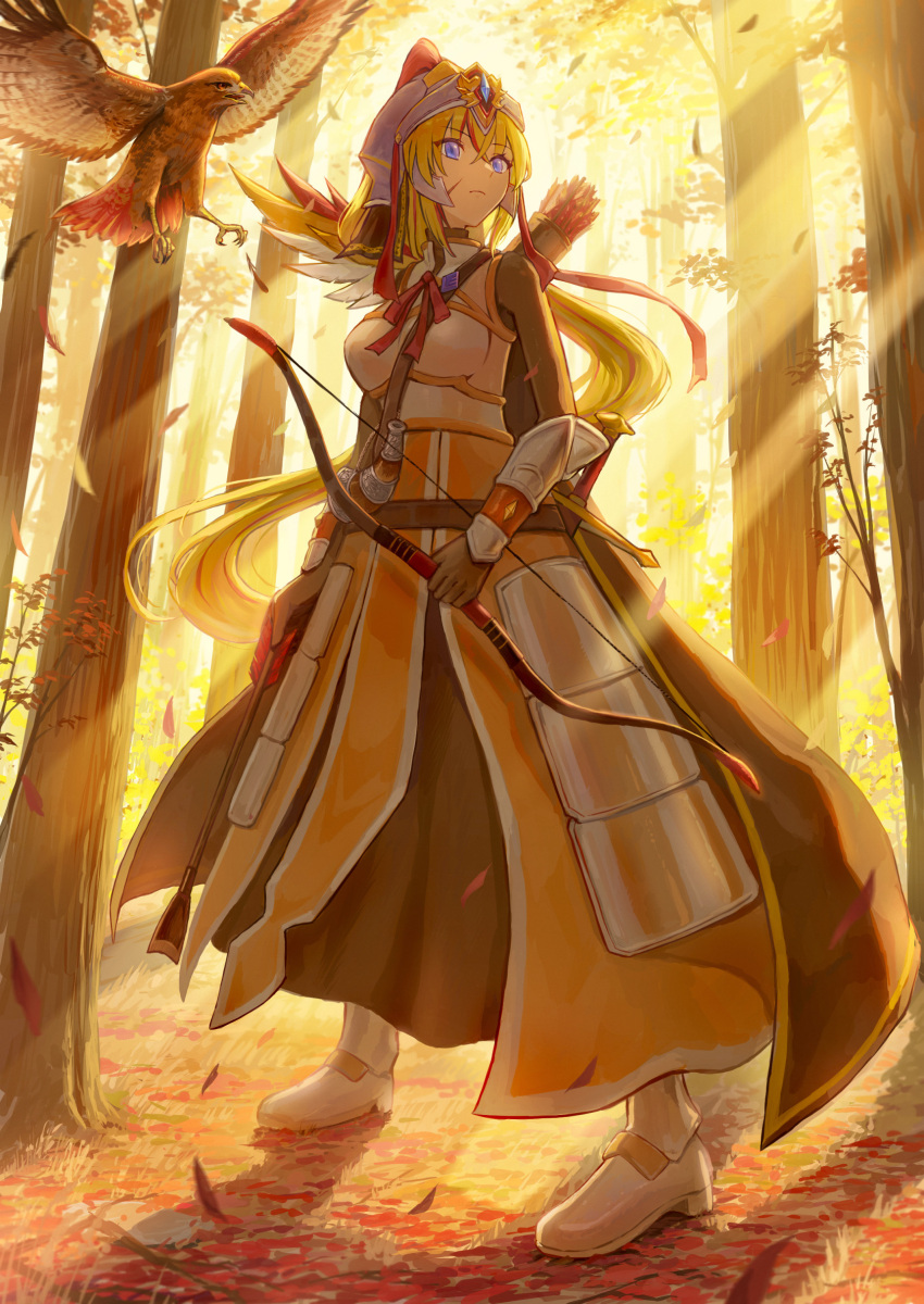 Safebooru - 1girl absurdres armor arrow (projectile) bird blonde hair blue eyes bow (weapon ...
