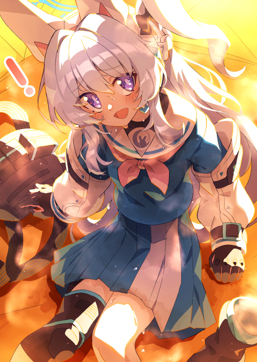 Safebooru - ! 1girl animal ears asymmetrical legwear backpack bag black gloves blue archive blue ...