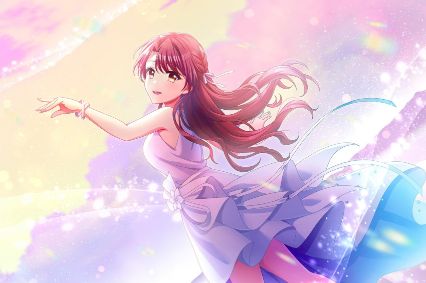 Safebooru - brown eyes brown hair d4dj dress kasuga haruna long hair smile | 5553786