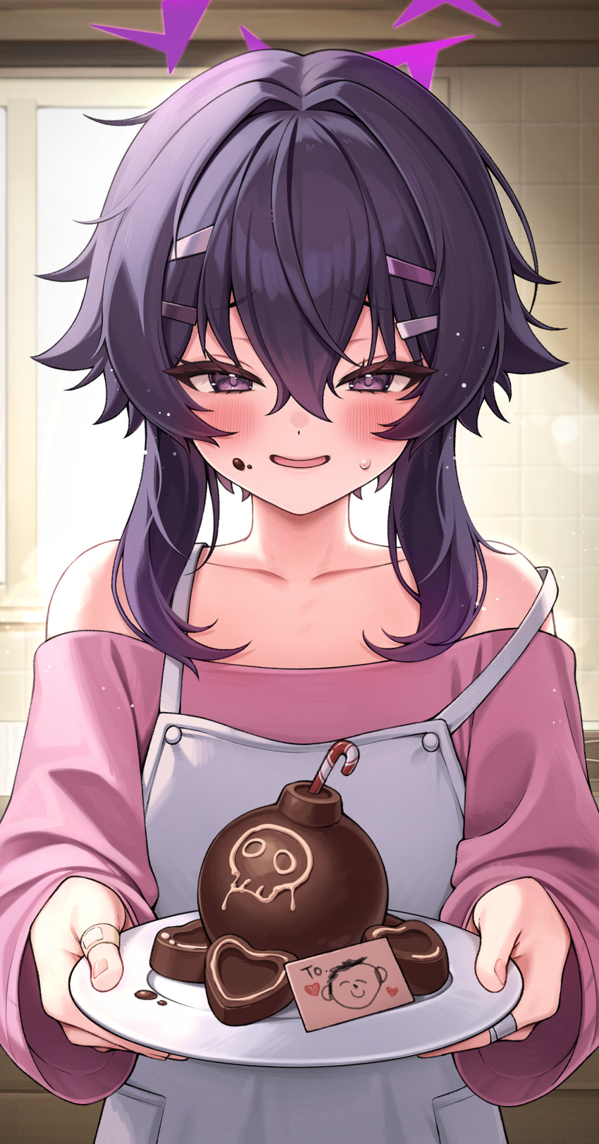 Safebooru - 1girl absurdres apron bare shoulders blue archive blush candy candy cane chocolate ...