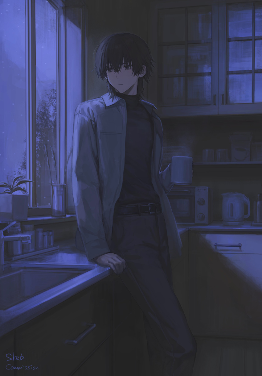 Safebooru - 1boy absurdres belt black belt black eyes black hair black pants black shirt closed ...